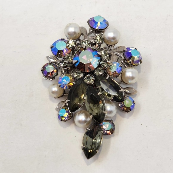Vintage | Jewelry | Silver Tone Faux Pearl Ab Crystal Cluster Brooch Pin Silver Tone Prong ...